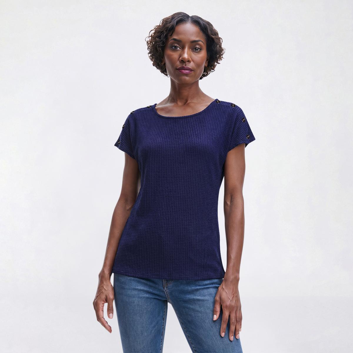 Click here for Womens Emily Daniels Cap Sleeve Shoulder Button Te... prices